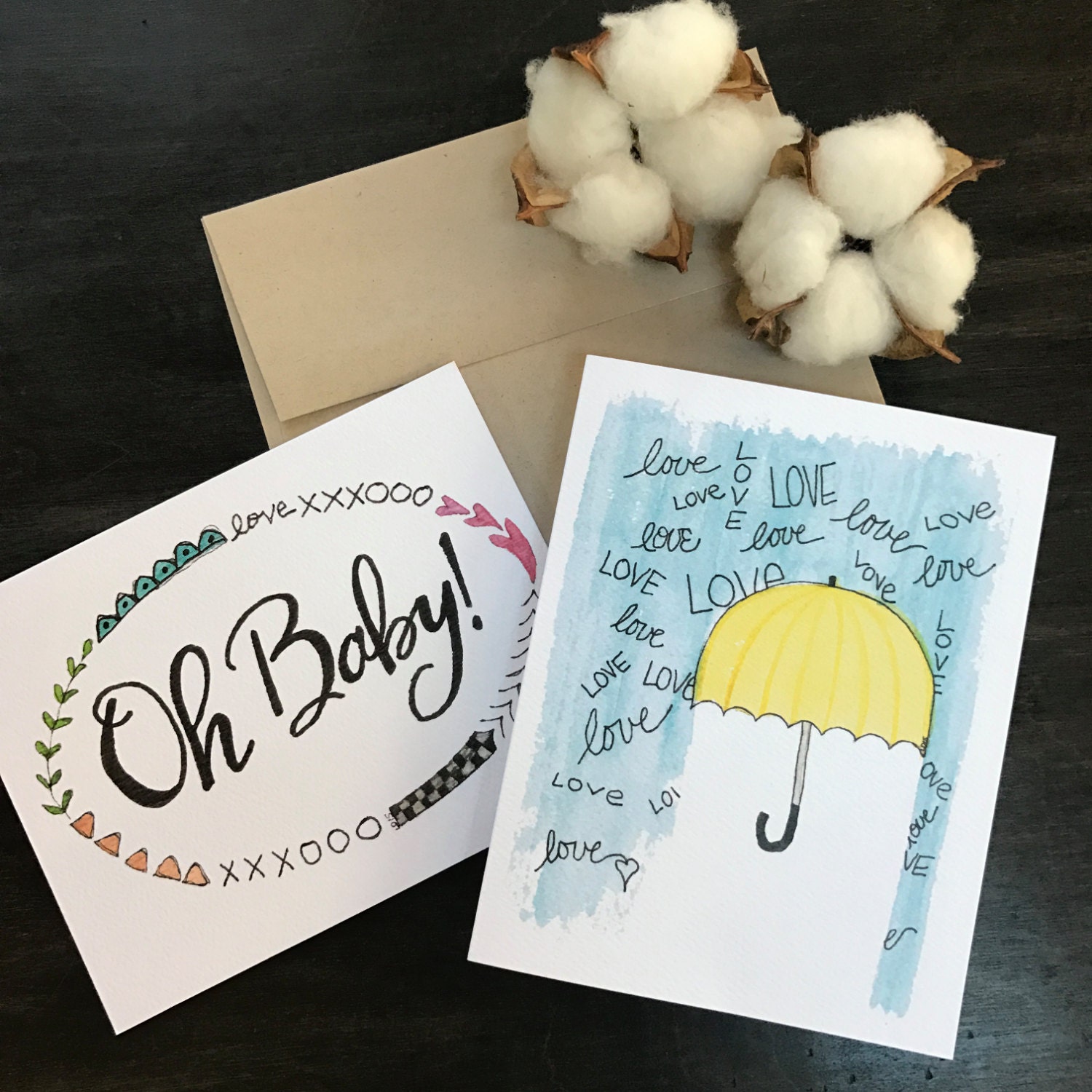 Shower Card / for Baby or Bride / Watercolor and Ink / Single Folded ...