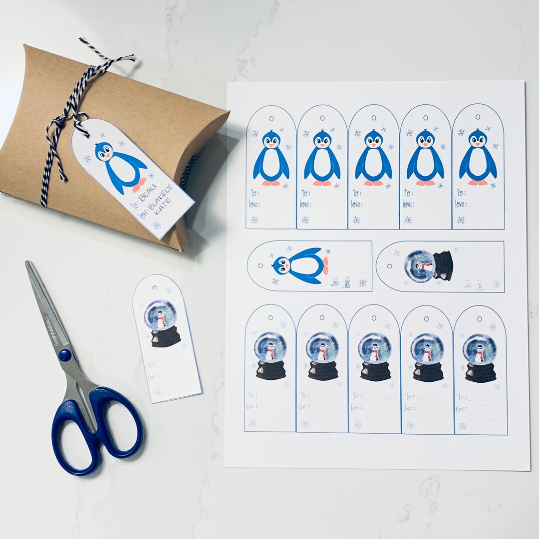 Printable Christmas Gift Tags, Blue Penguin & Snowglobe (digital ...
