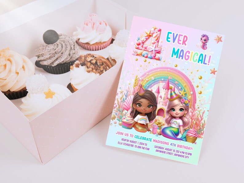 Mermaid 4th Birthday Invitation, Four Ever Magical Invite, Girls ...