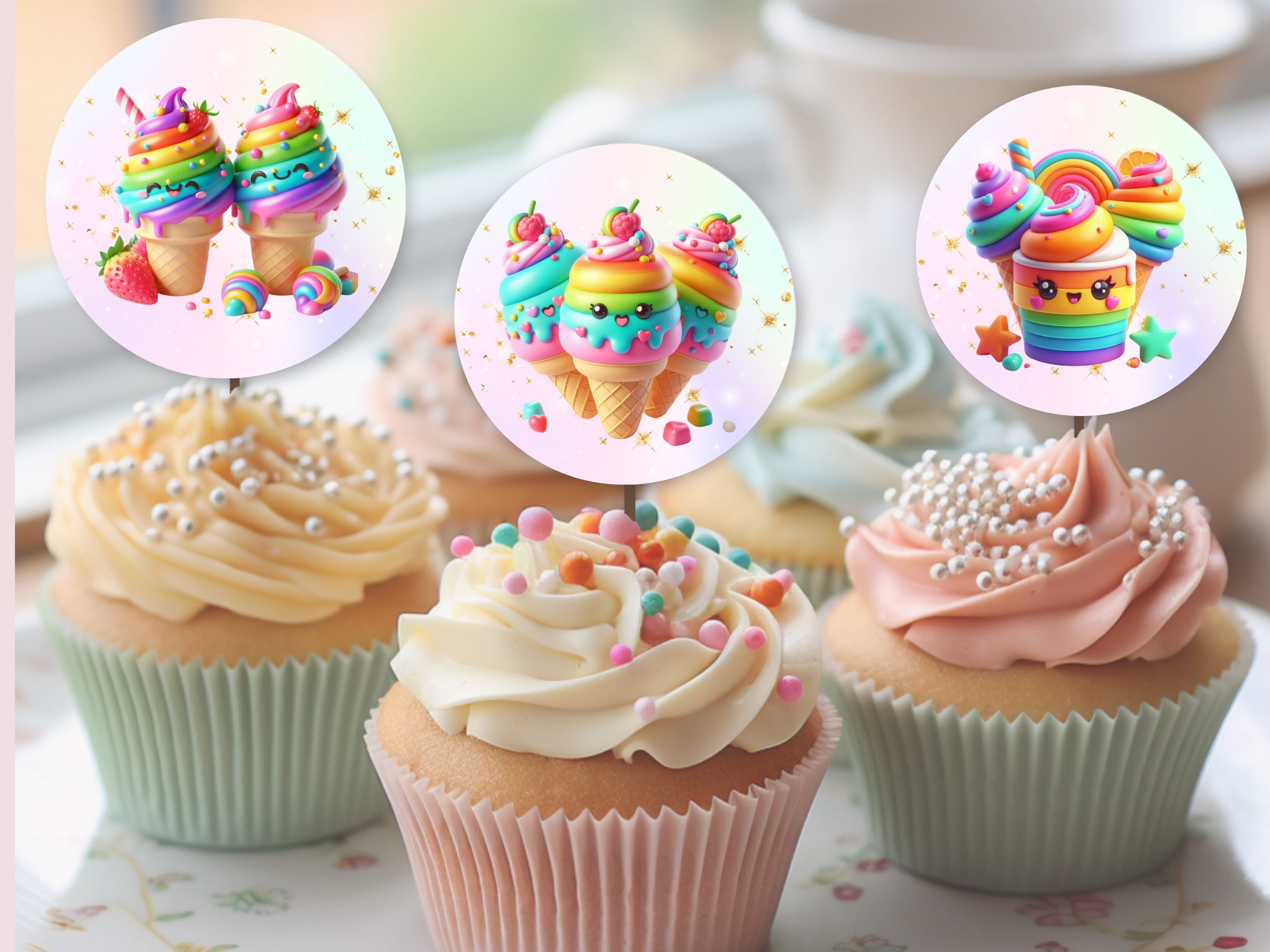 Cup Cake Toppers, Cute Rainbow Ice Cream Cup Cake Topper Printable ...