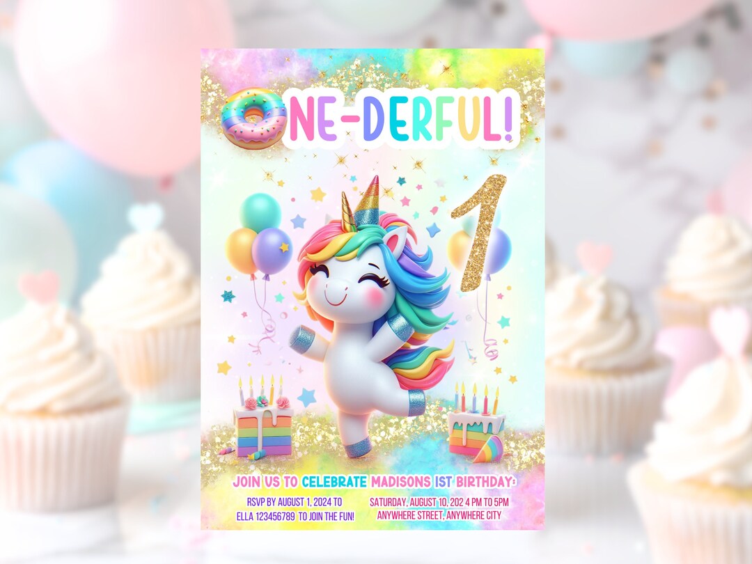 1st Birthday Invitation, 1 Year Old Invite, Girls Unicorn First ...