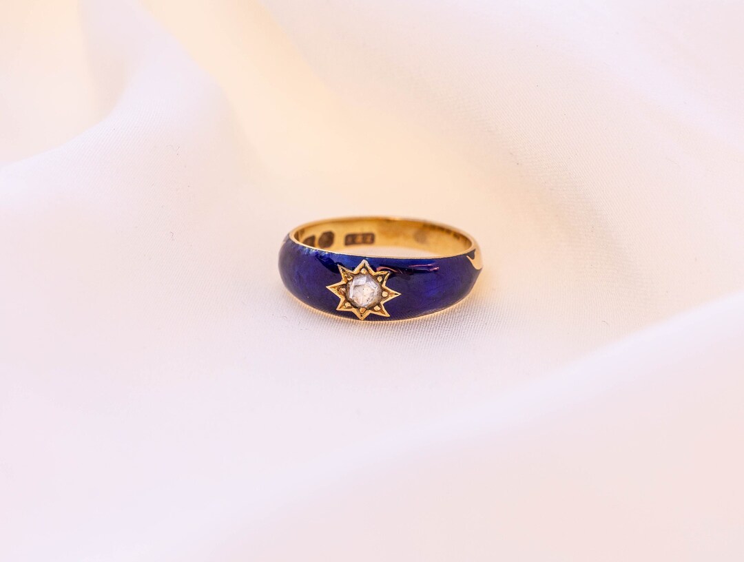 Rare Antique Victorian 18k Gold Ring, Navy Blue Diamond Star Ring ...