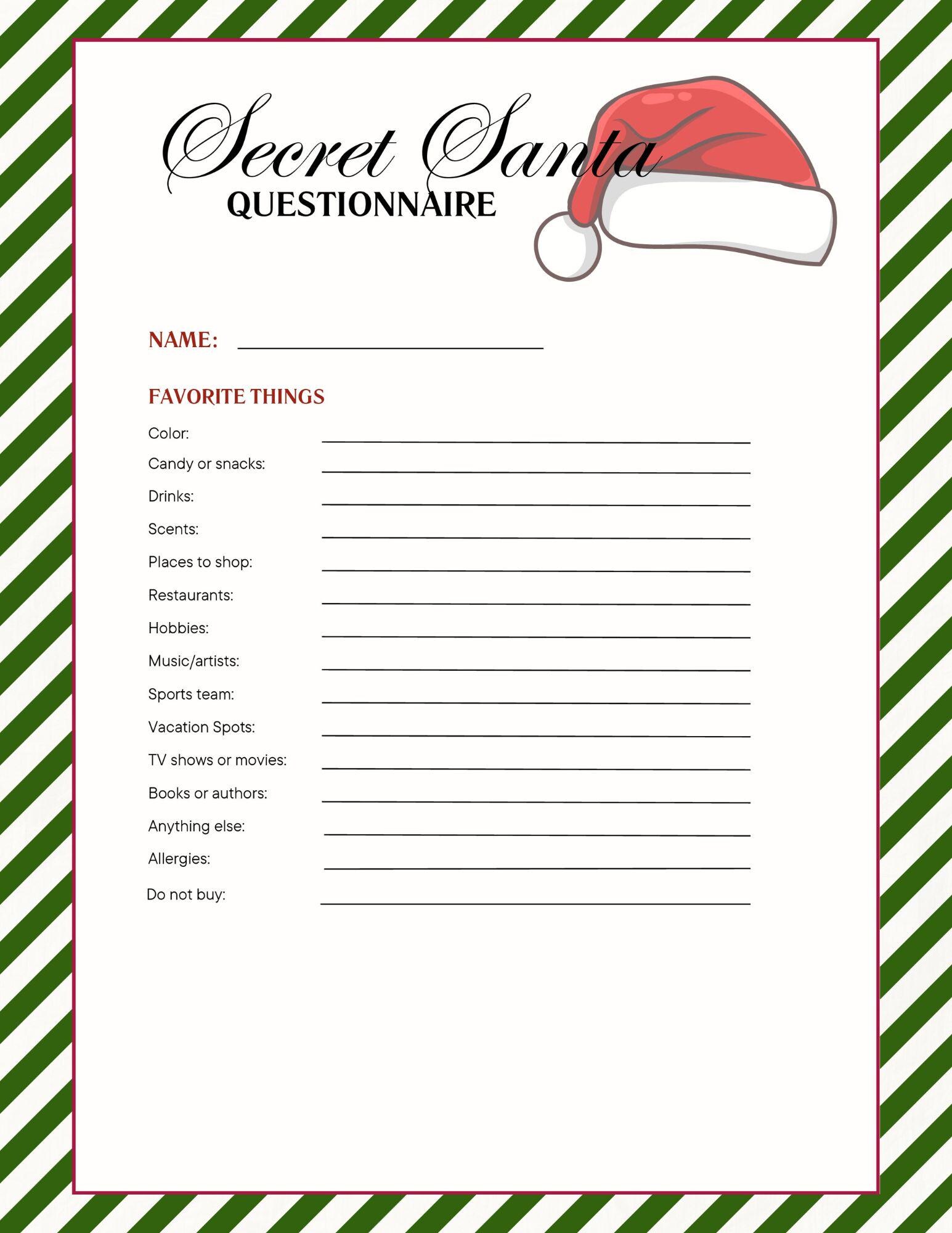 Printable Secret Santa Questions, Secret Santa Questionnaire, Secret ...