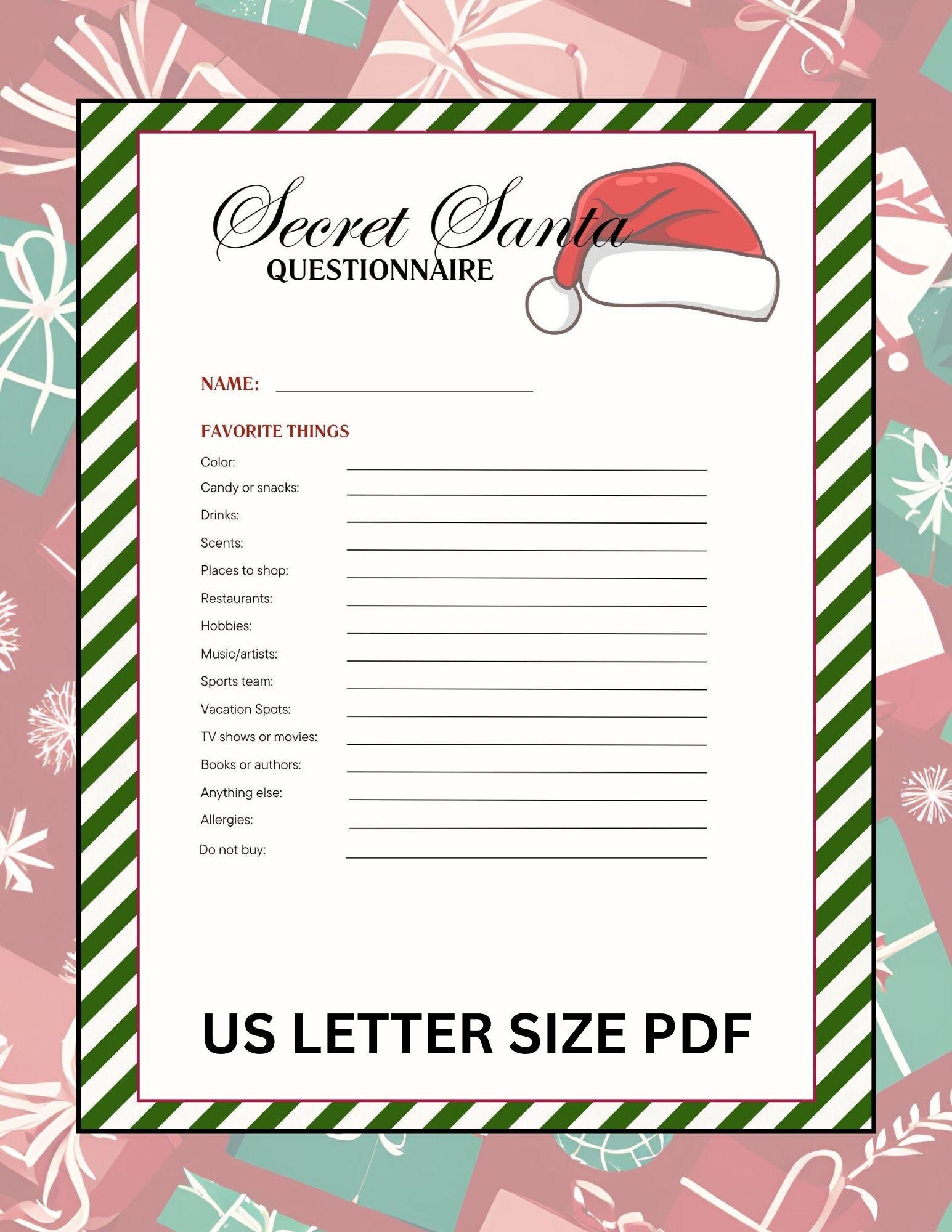 Printable Secret Santa Questions, Secret Santa Questionnaire, Secret ...