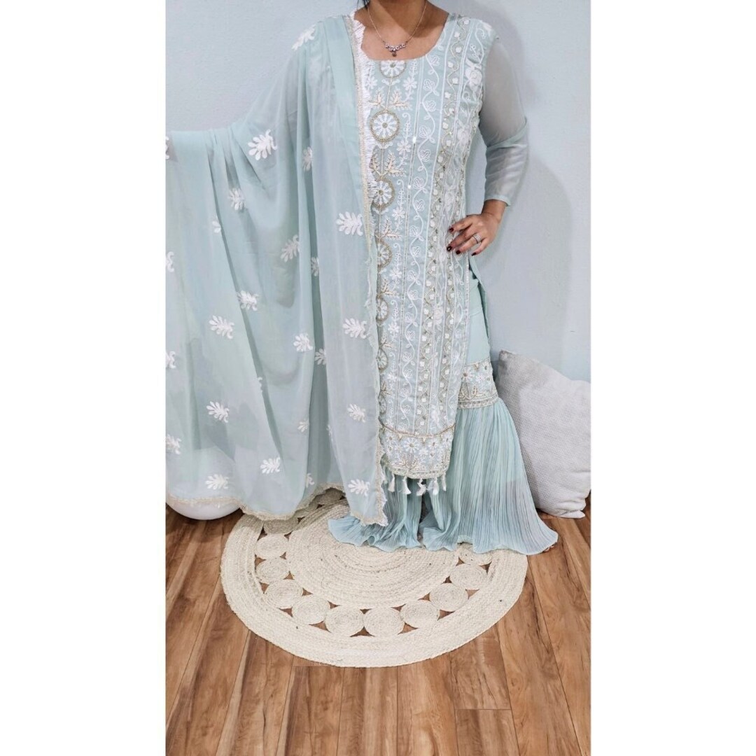 Affordable Blue Gharara 3-piece Suit Set With Embroidered Kurti ...