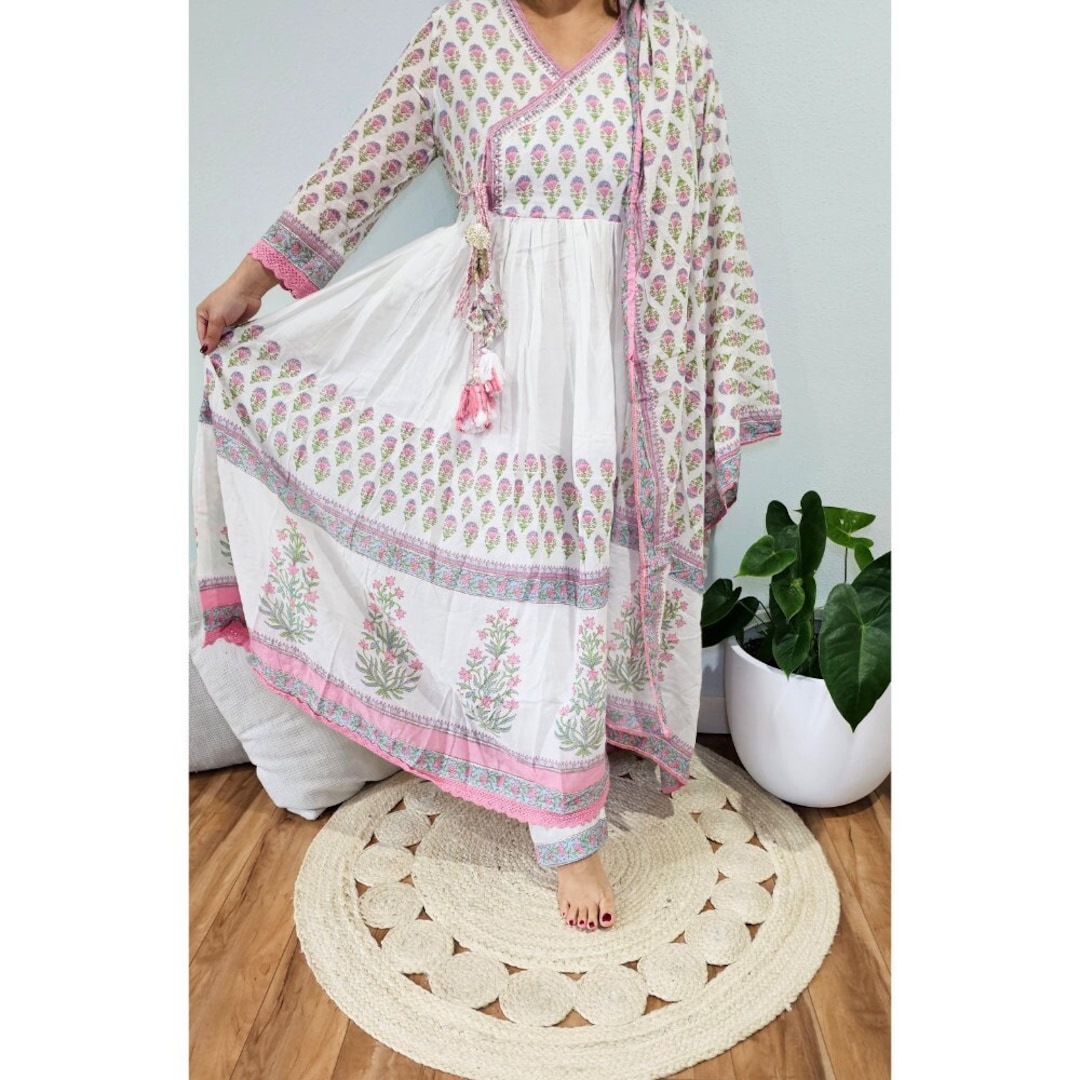 Traditional Indian Angrakha Anarkali Kurti Set, Mulcotton Kurti ...