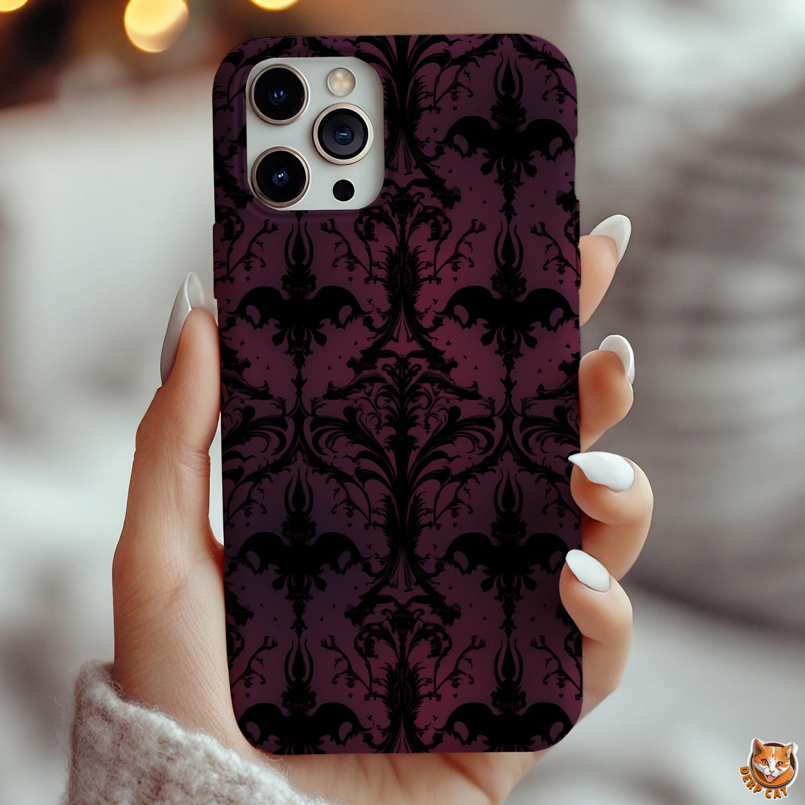 Gothic Phone Case, Burgundy and Purple Damask Design, Bats and Floral ...