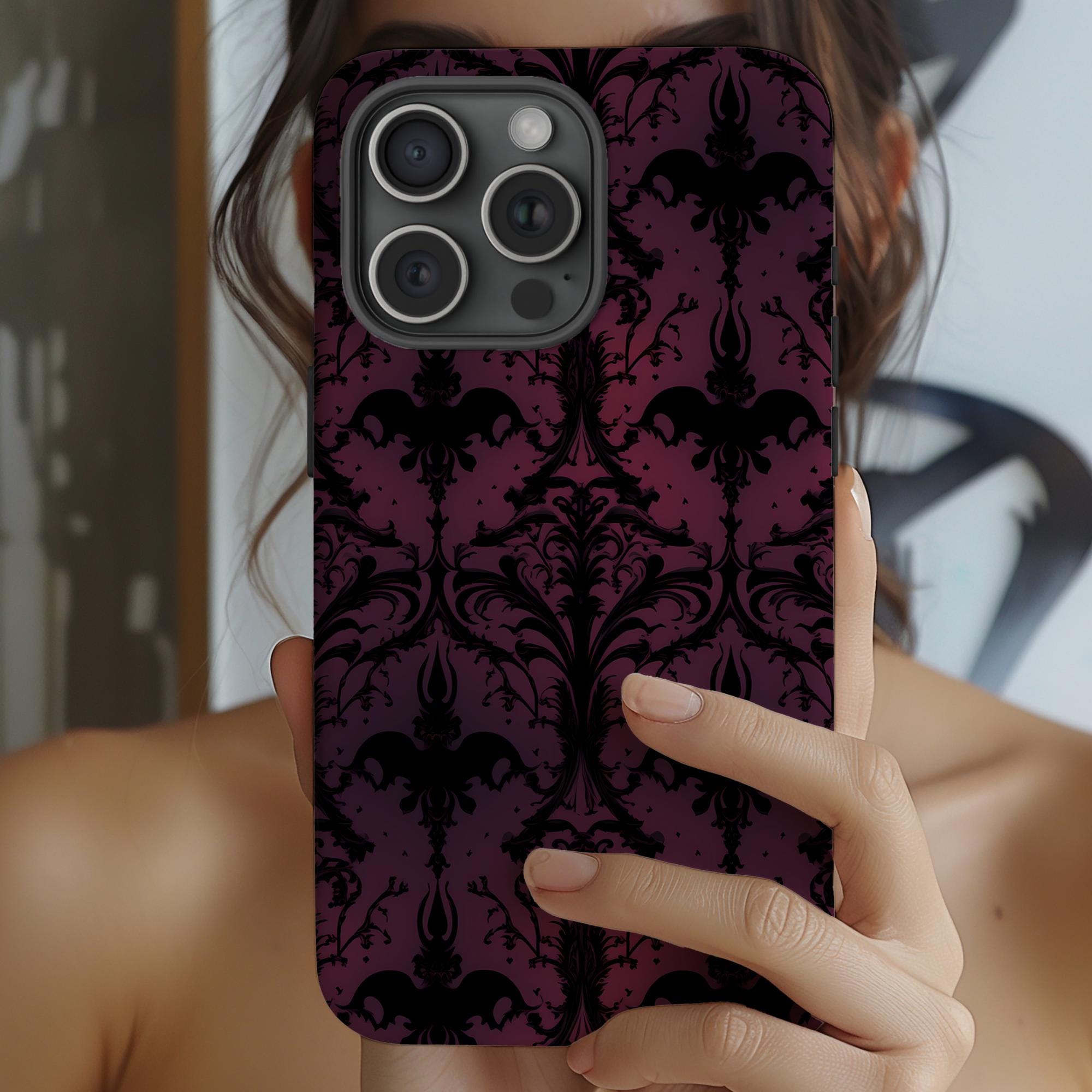 Gothic Phone Case, Burgundy and Purple Damask Design, Bats and Floral ...