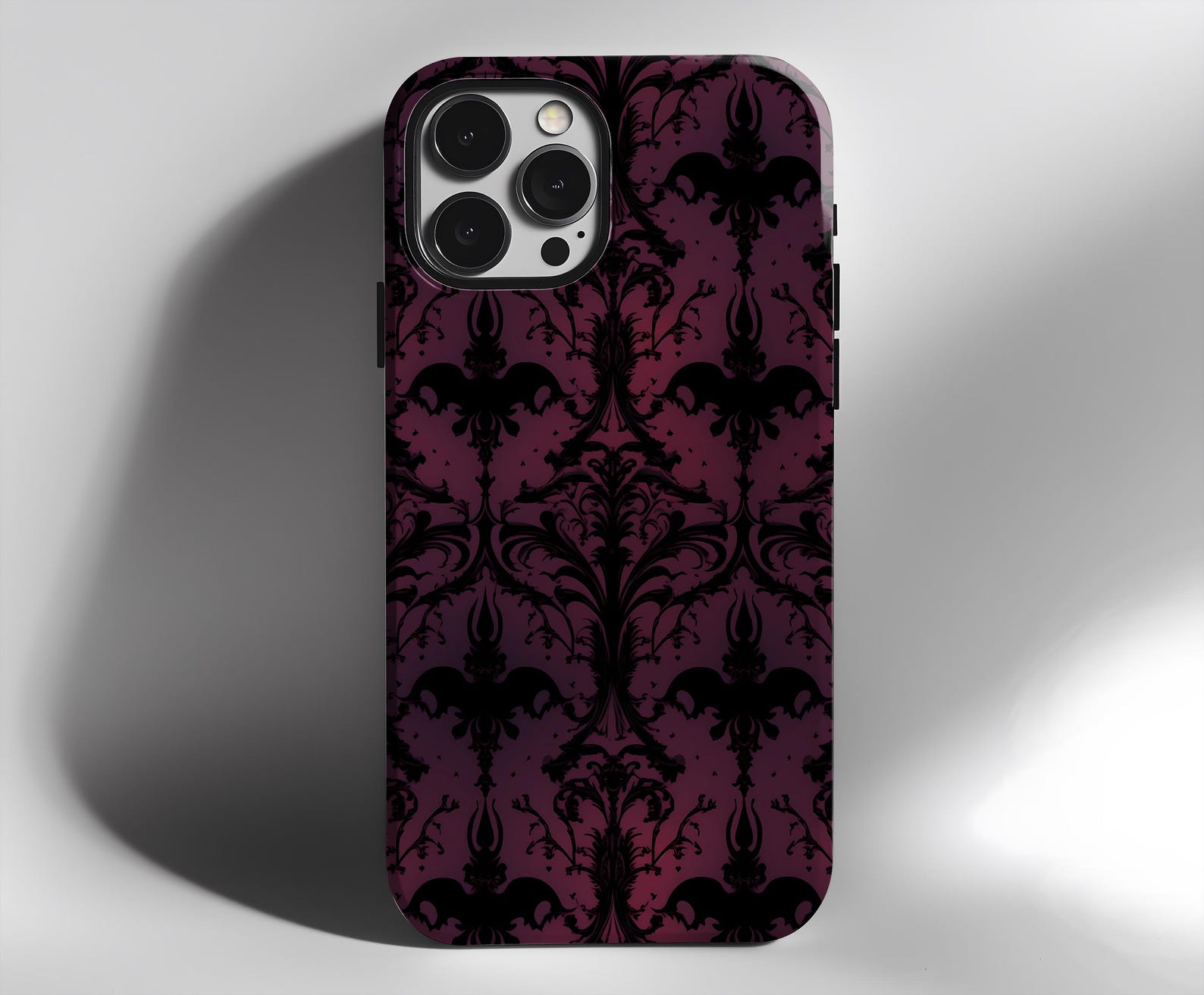 Gothic Phone Case, Burgundy and Purple Damask Design, Bats and Floral ...