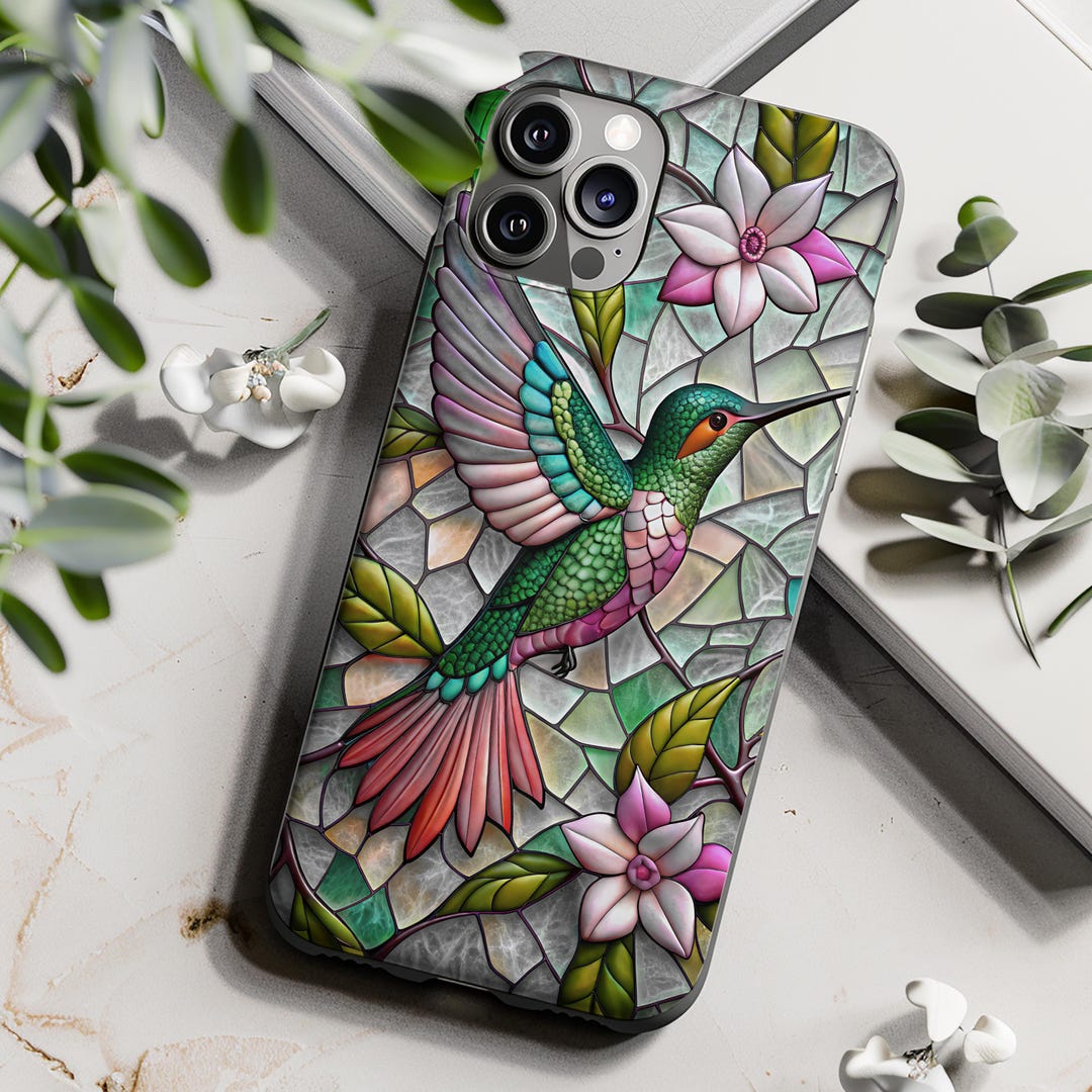 Faux Stained Glass Mosaic Hummingbird Phone Case, Floral Tough Case for ...