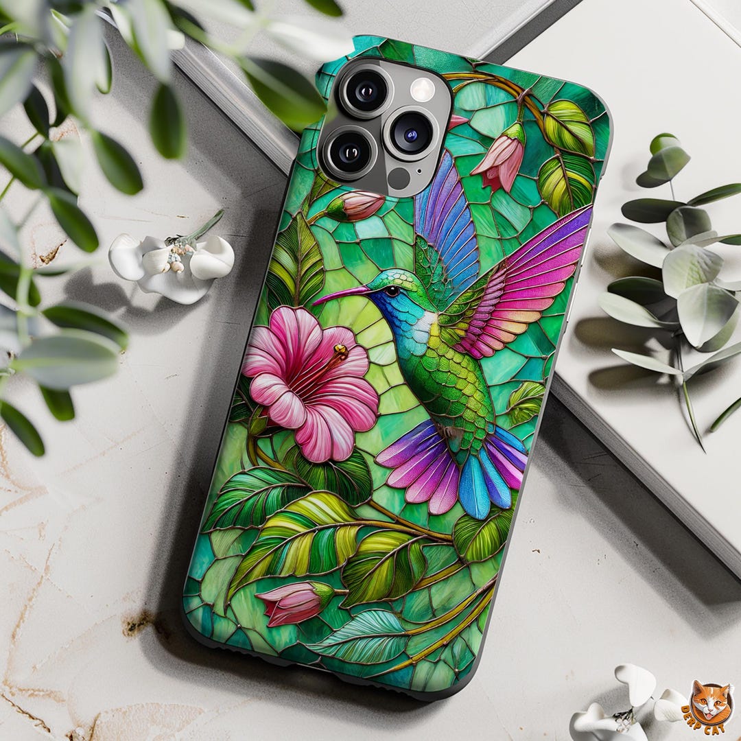 Faux Stained Glass Mosaic Hummingbird Phone Case, Floral Tough Case for ...