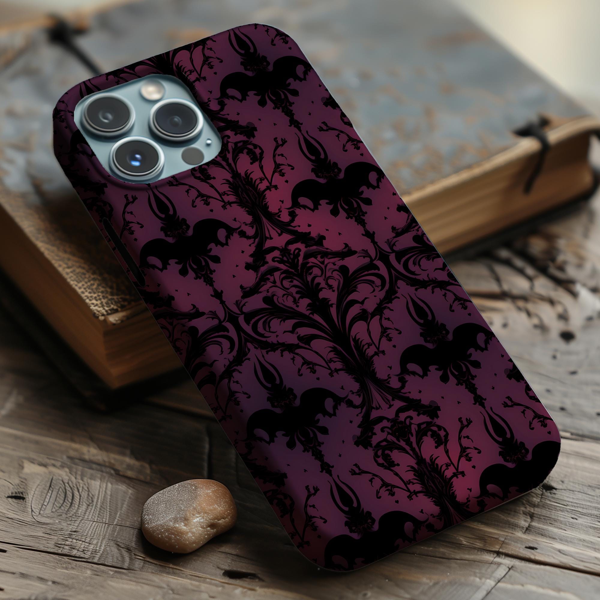 Gothic Phone Case, Burgundy and Purple Damask Design, Bats and Floral ...