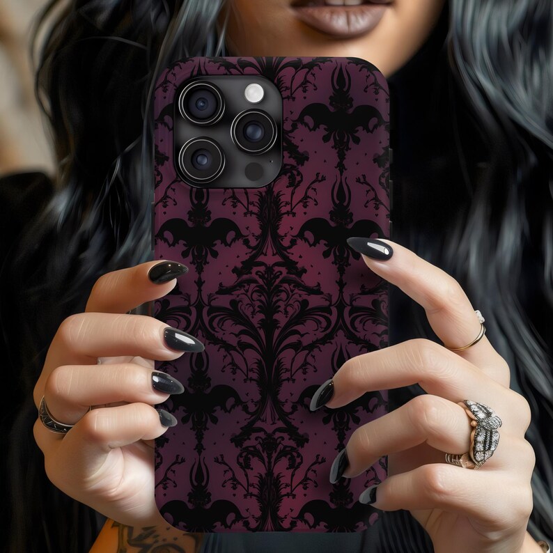 Gothic Phone Case, Burgundy and Purple Damask Design, Bats and Floral ...