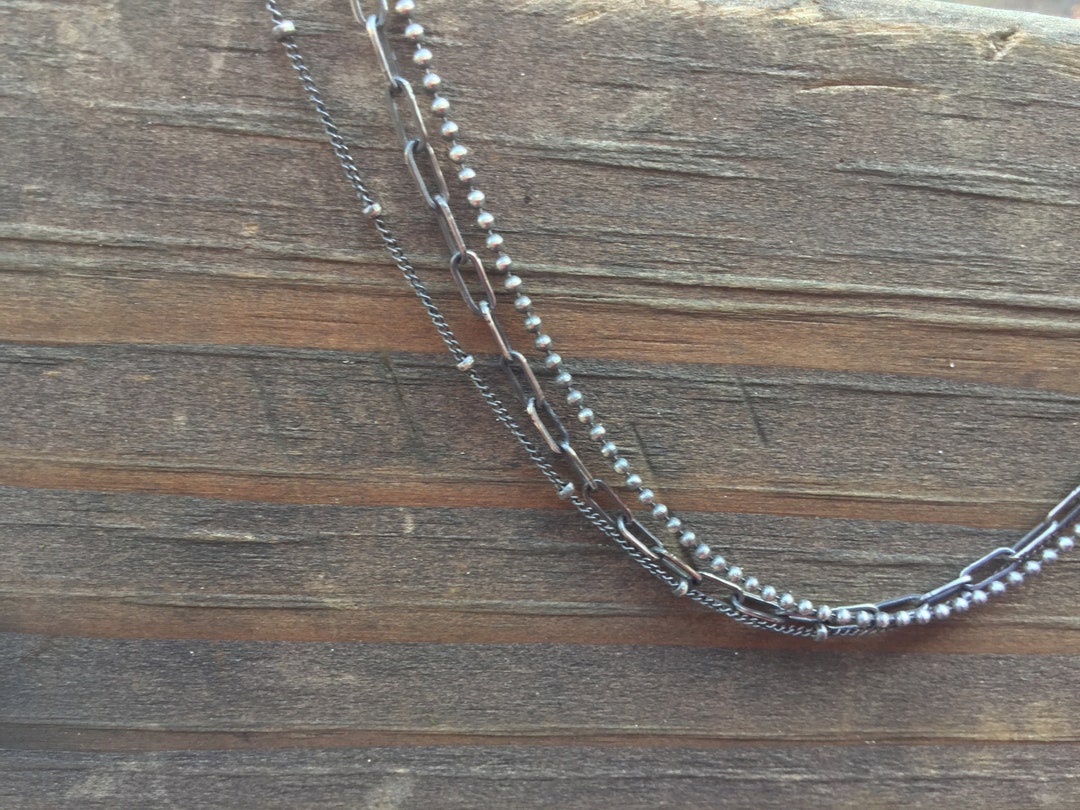Necklace Oxidized Chain Three Strand Triple Sterling Silver - Etsy