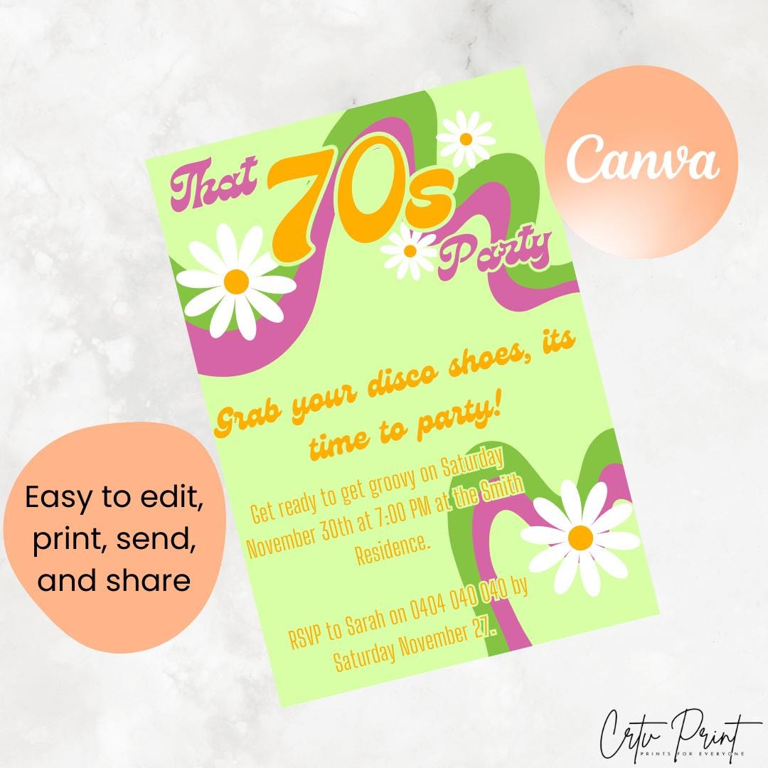EDITABLE, Birthday Invitation, 70s Retro Birthday Invitation, 70s Party ...