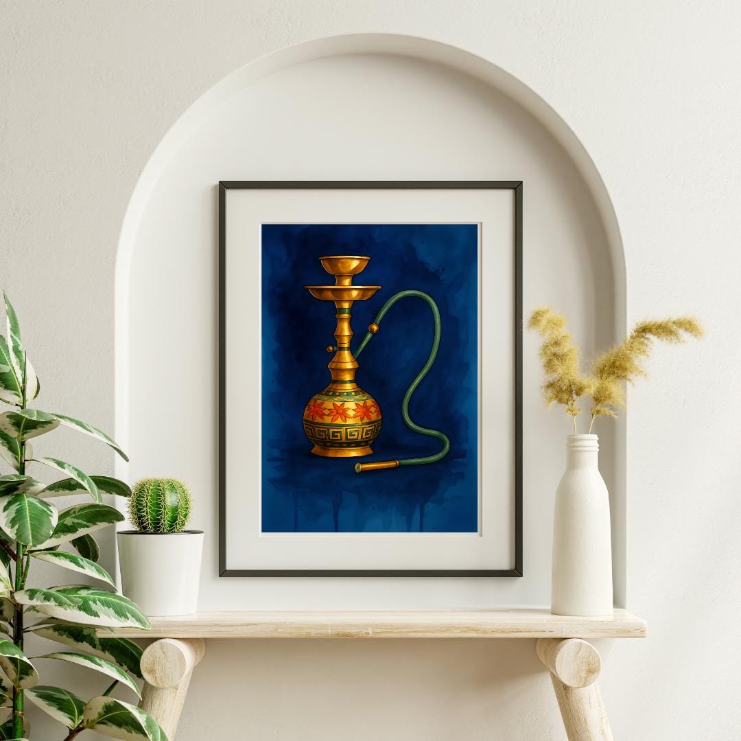 Golden Hookah Art Print – Middle Eastern Arguile Illustration | Brass ...