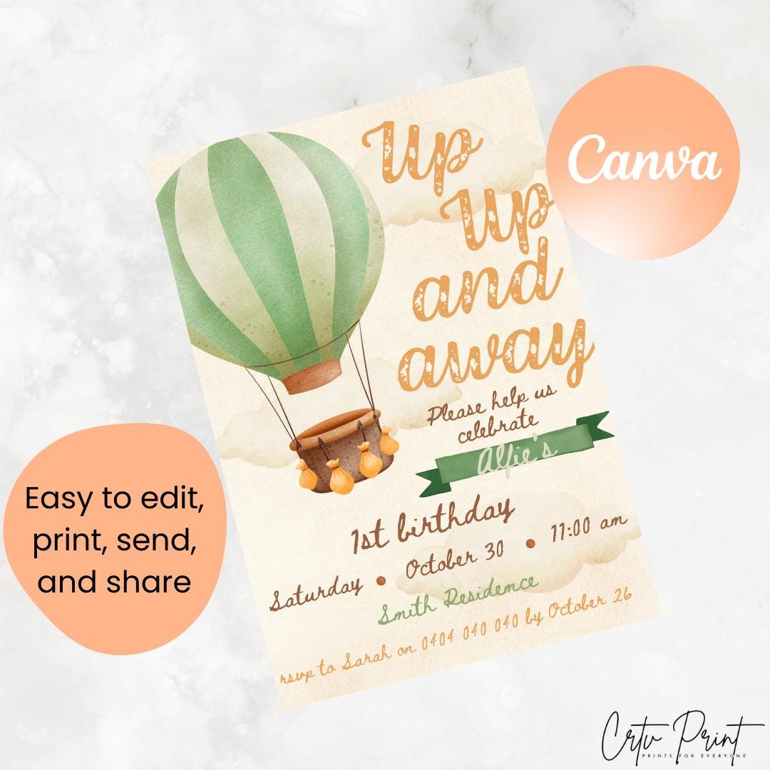 EDITABLE, Birthday Invitation, Hot Air Balloon Birthday Invitation, Hot ...