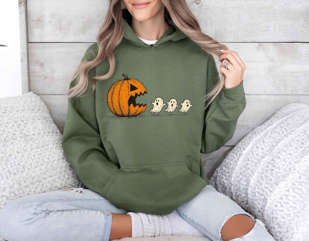 Ghost Chasing Pumpkin Funny Halloween Sweatshirt: Retro Pac Man Style ...