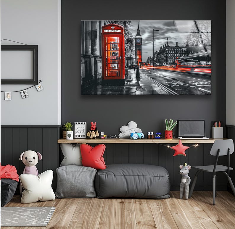 London Tempered Glass Wall Art: Red Phone Booth, Big Ben, Large Hanging ...