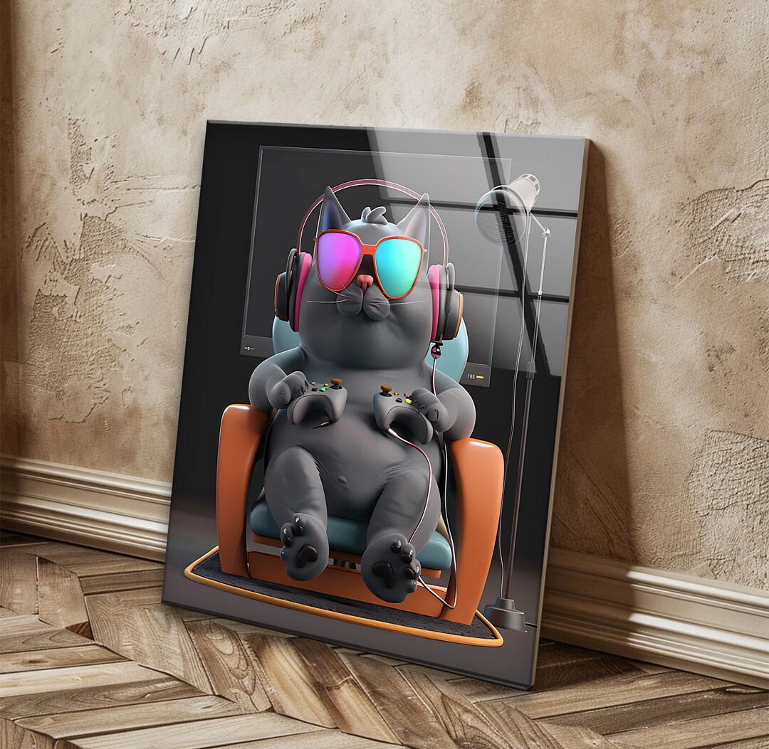 Gamer Cat Tempered Glass Wall Art –wall Decor - Wall Hanging-home Decor ...
