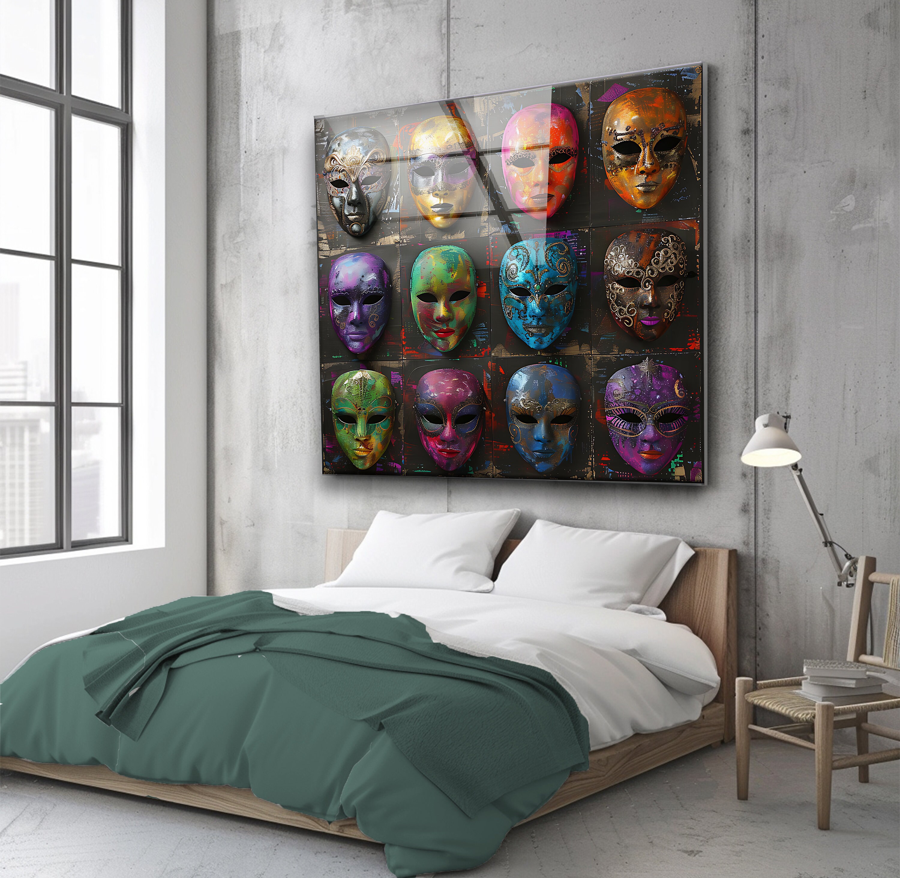 Colorful Masks on the Wall, Faces, Tempered Glass Wall Decor, Wall Art ...