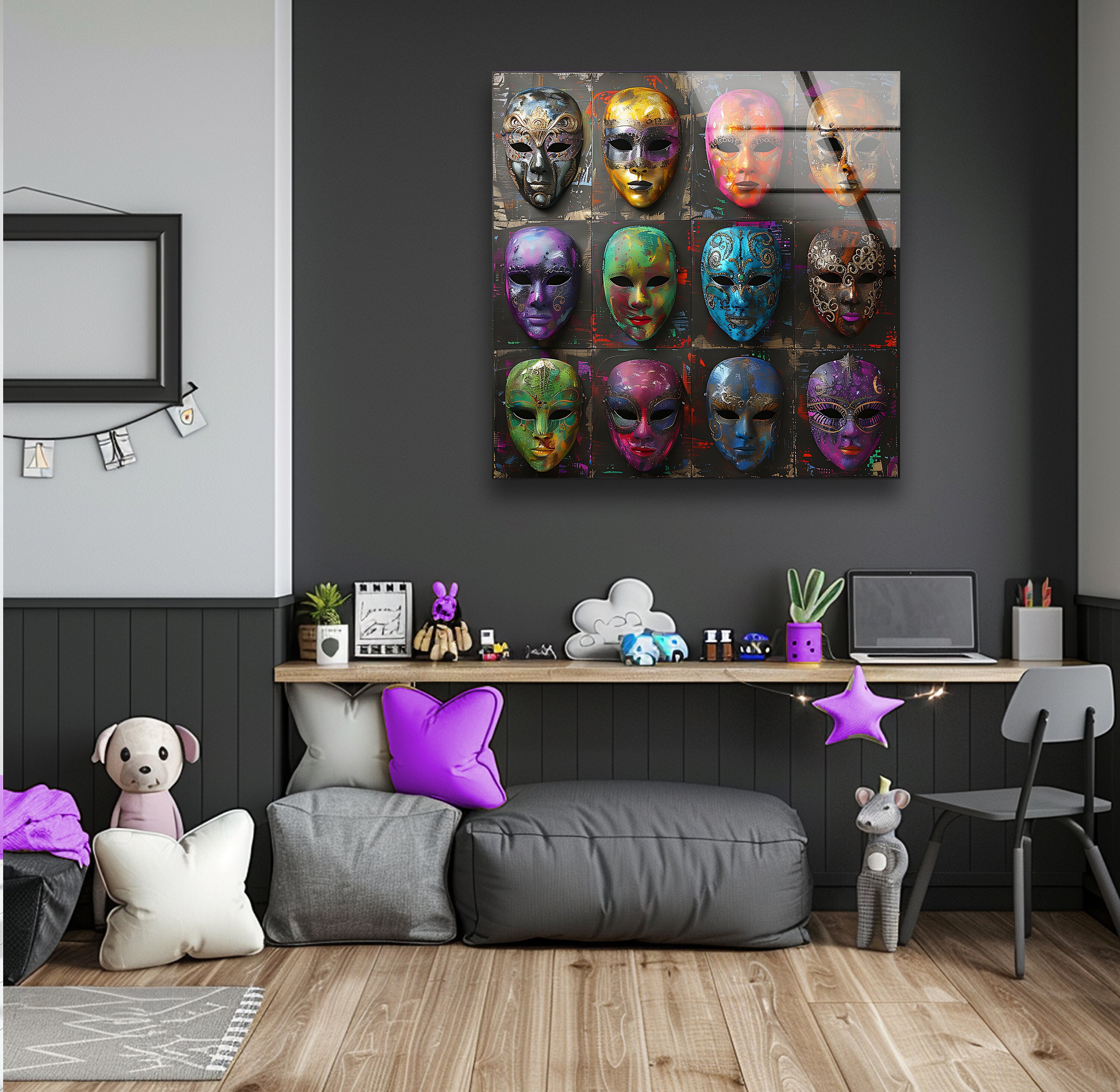 Colorful Masks on the Wall, Faces, Tempered Glass Wall Decor, Wall Art ...