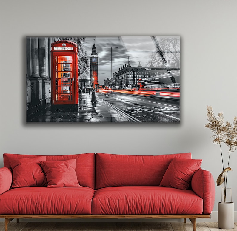 London Tempered Glass Wall Art: Red Phone Booth, Big Ben, Large Hanging ...