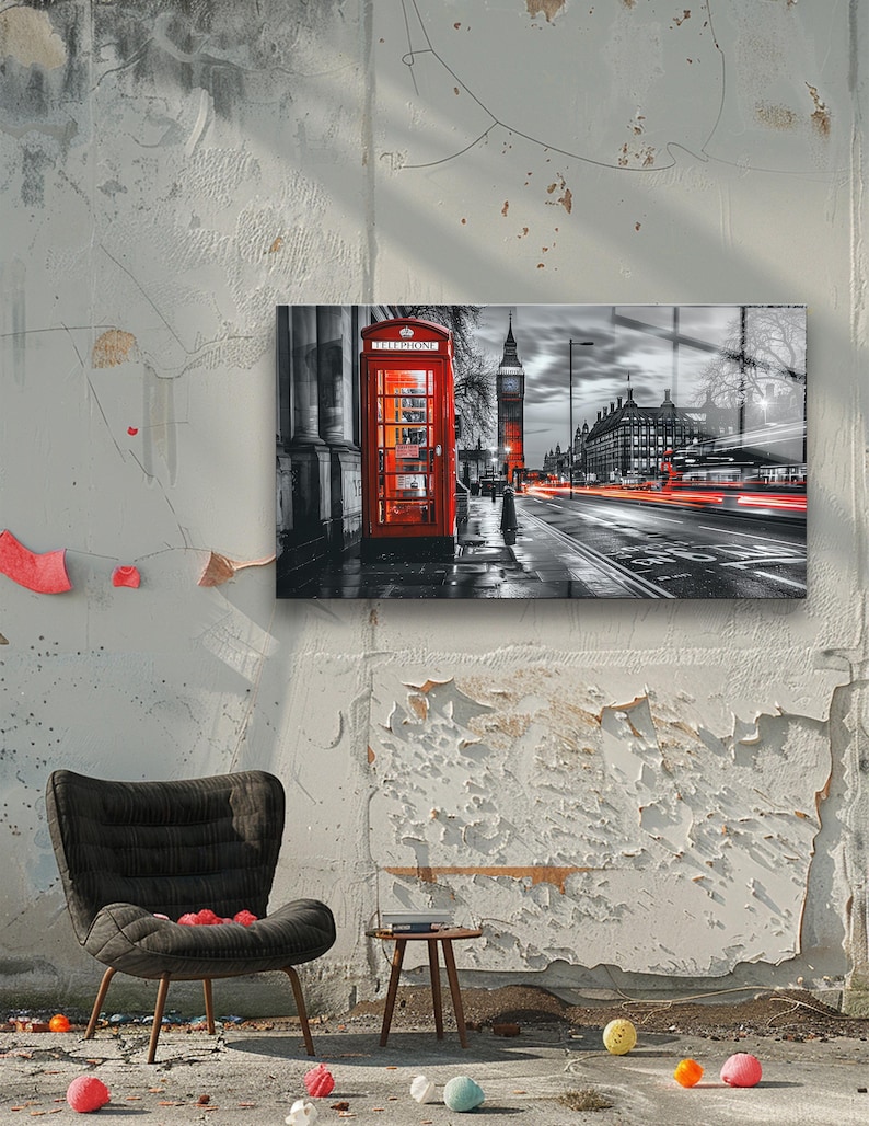 London Tempered Glass Wall Art: Red Phone Booth, Big Ben, Large Hanging ...