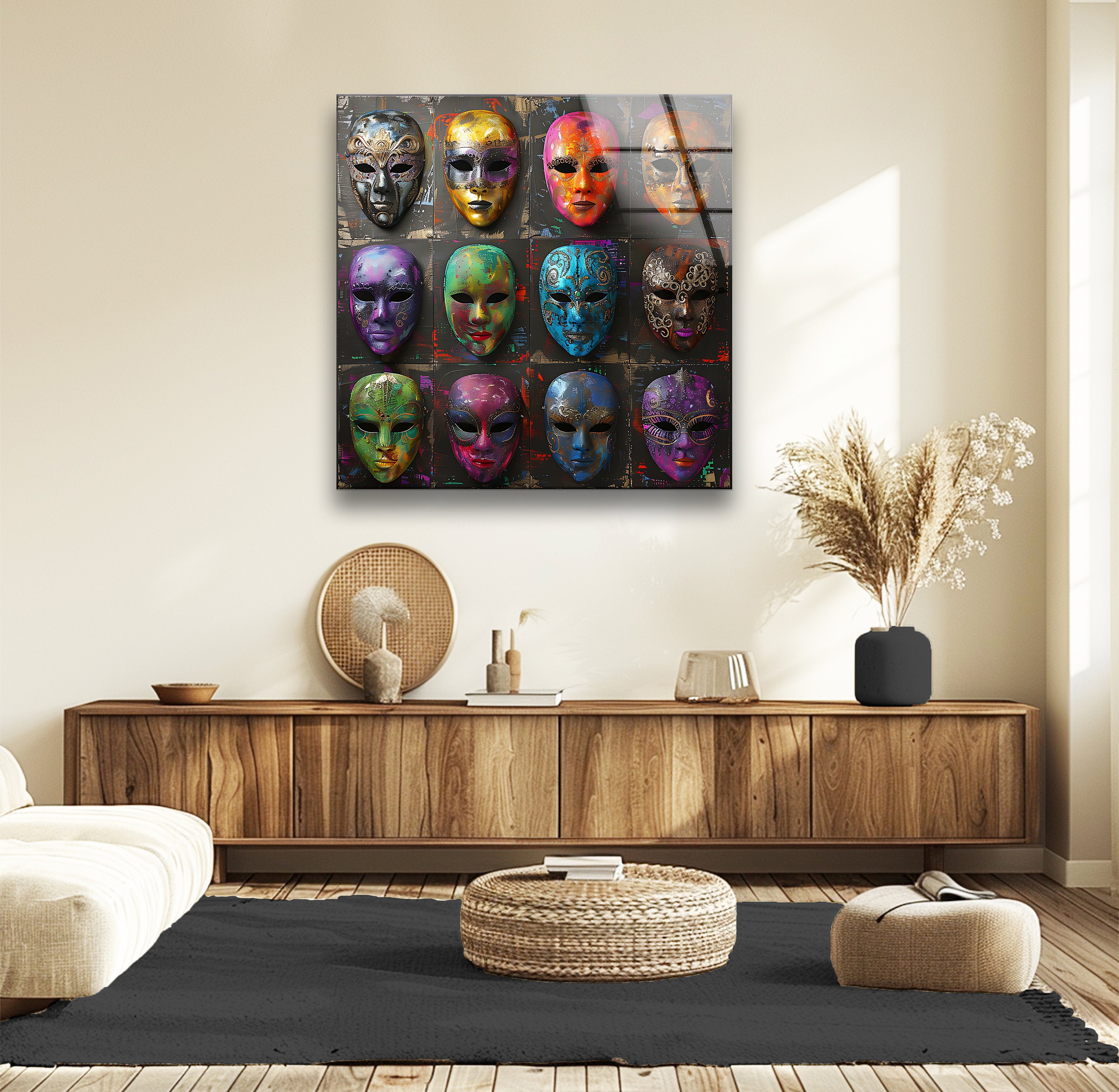 Colorful Masks on the Wall, Faces, Tempered Glass Wall Decor, Wall Art ...