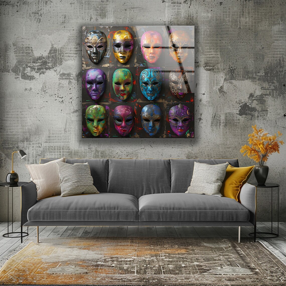Colorful Masks on the Wall, Faces, Tempered Glass Wall Decor, Wall Art ...