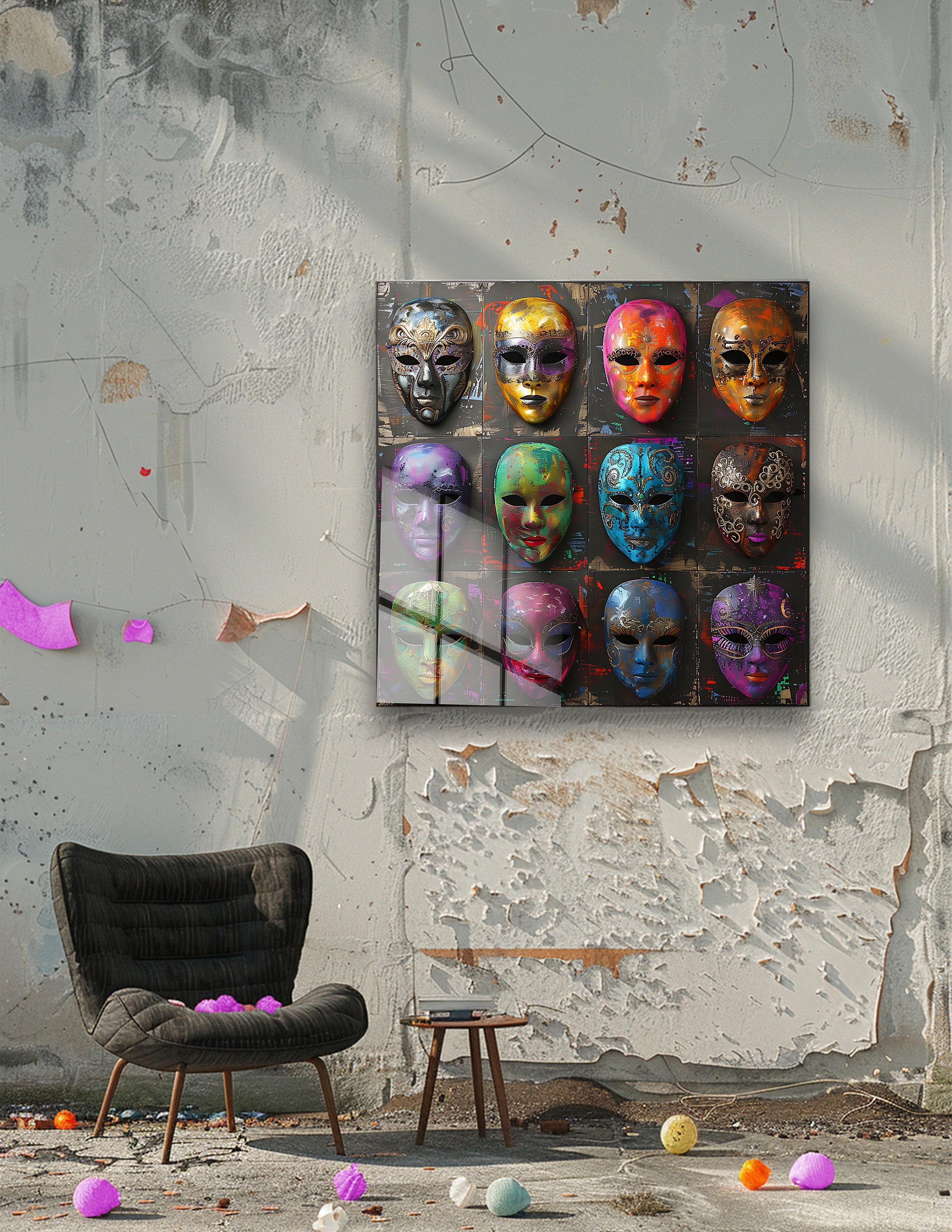 Colorful Masks on the Wall, Faces, Tempered Glass Wall Decor, Wall Art ...