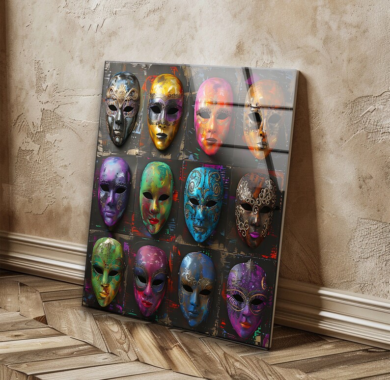 Colorful Masks on the Wall, Faces, Tempered Glass Wall Decor, Wall Art ...