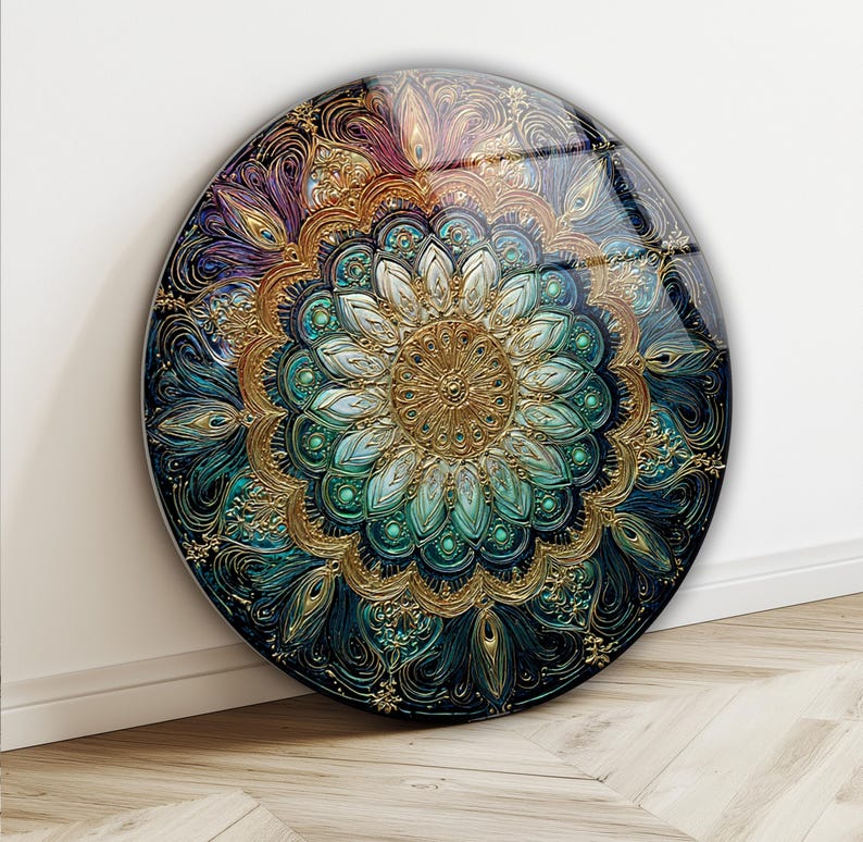 Round Mandala Tempered Glass Wall Art, Gold Lotus Boho Decor - Etsy