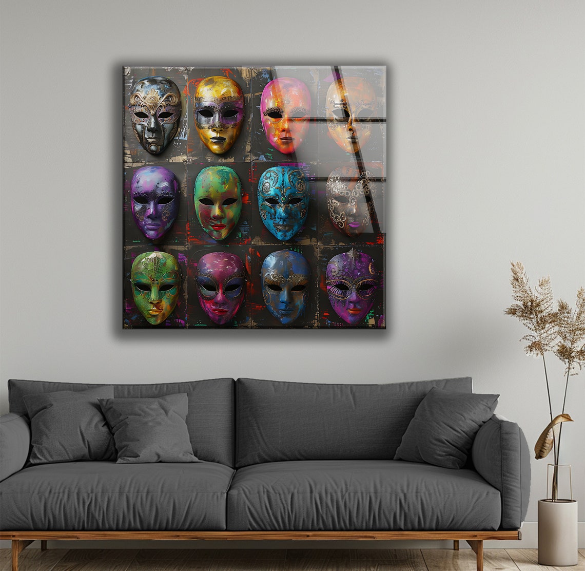 Colorful Masks on the Wall, Faces, Tempered Glass Wall Decor, Wall Art ...