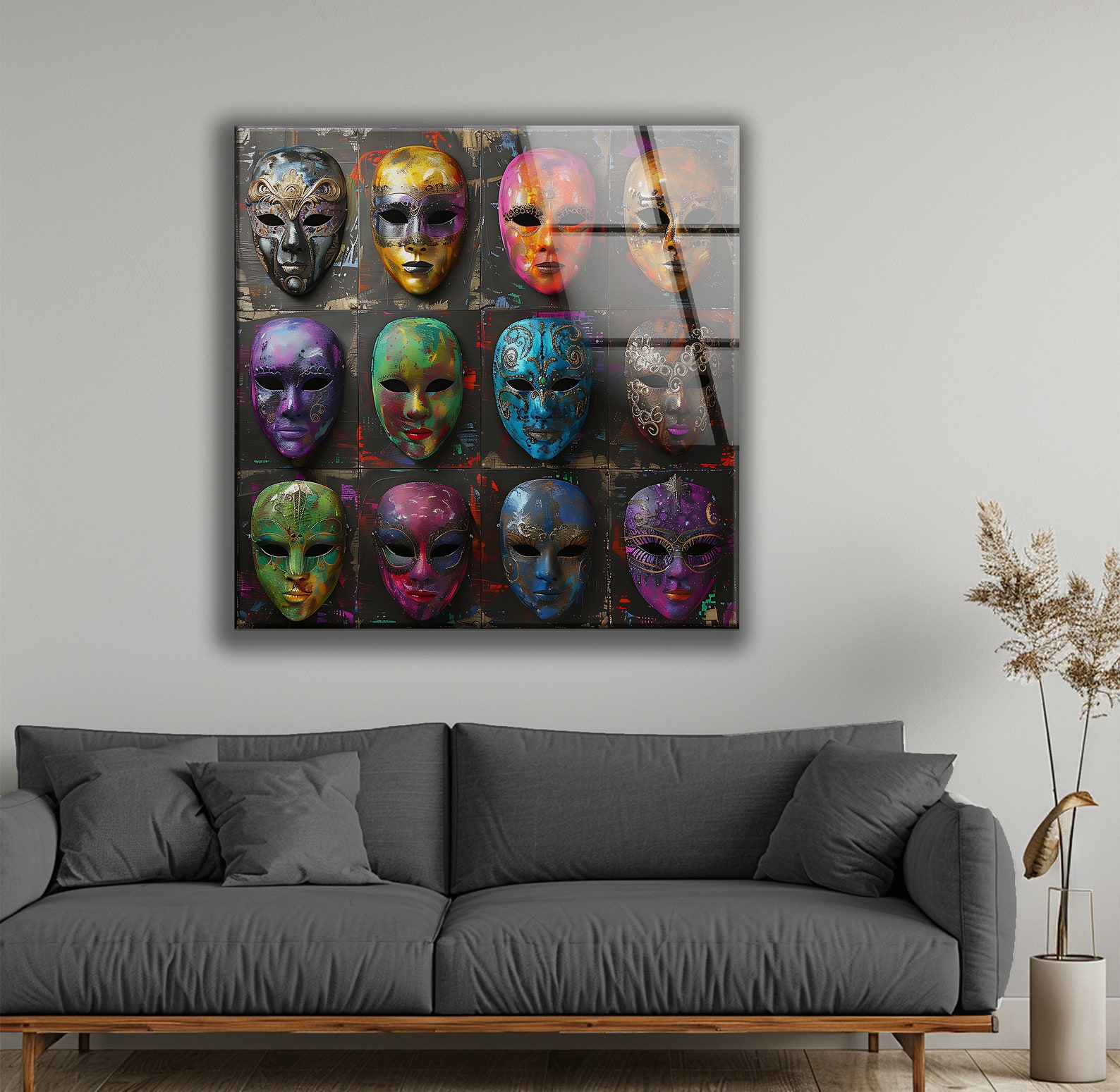 Colorful Masks on the Wall, Faces, Tempered Glass Wall Decor, Wall Art ...