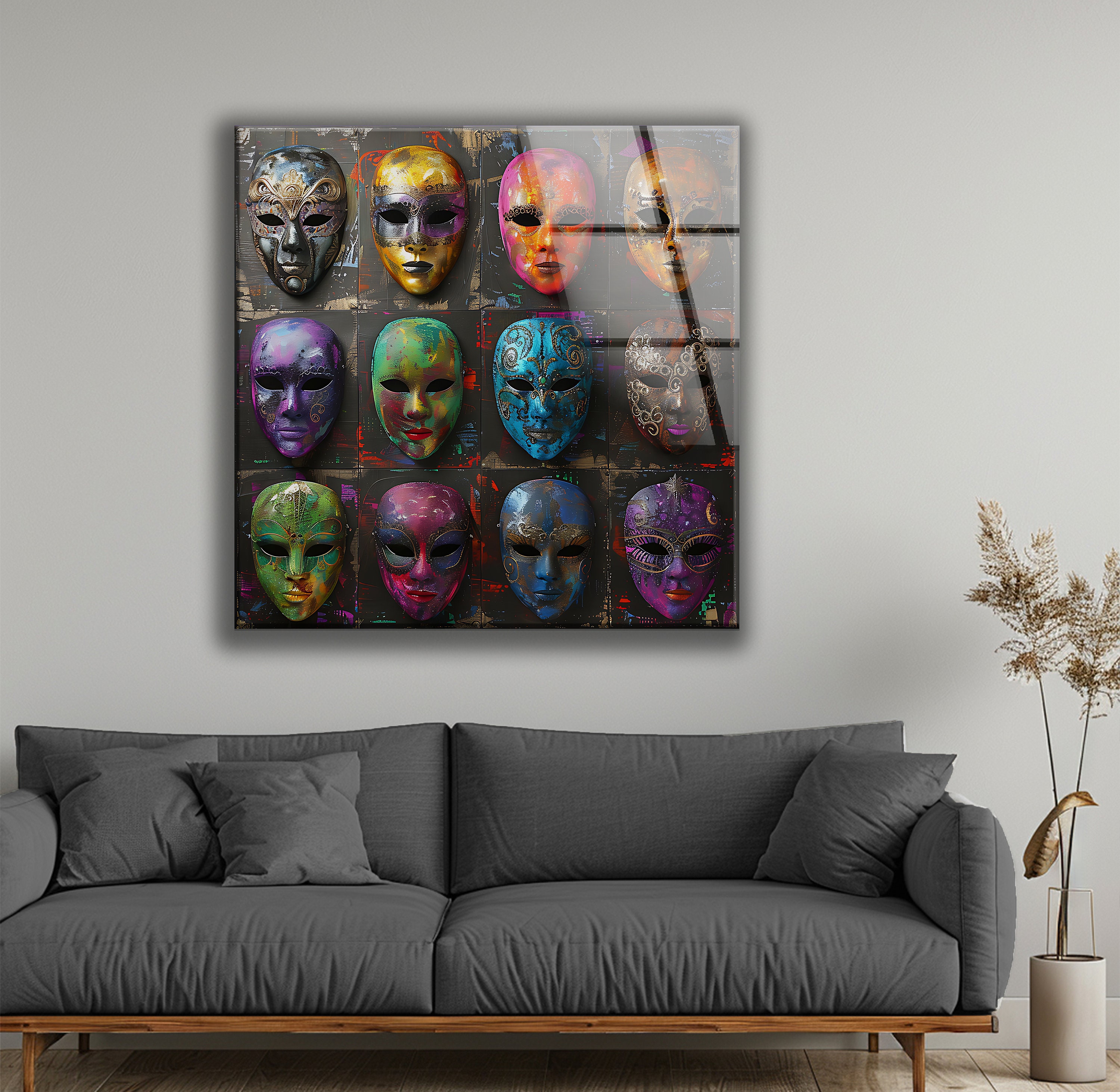 Colorful Masks on the Wall, Faces, Tempered Glass Wall Decor, Wall Art ...