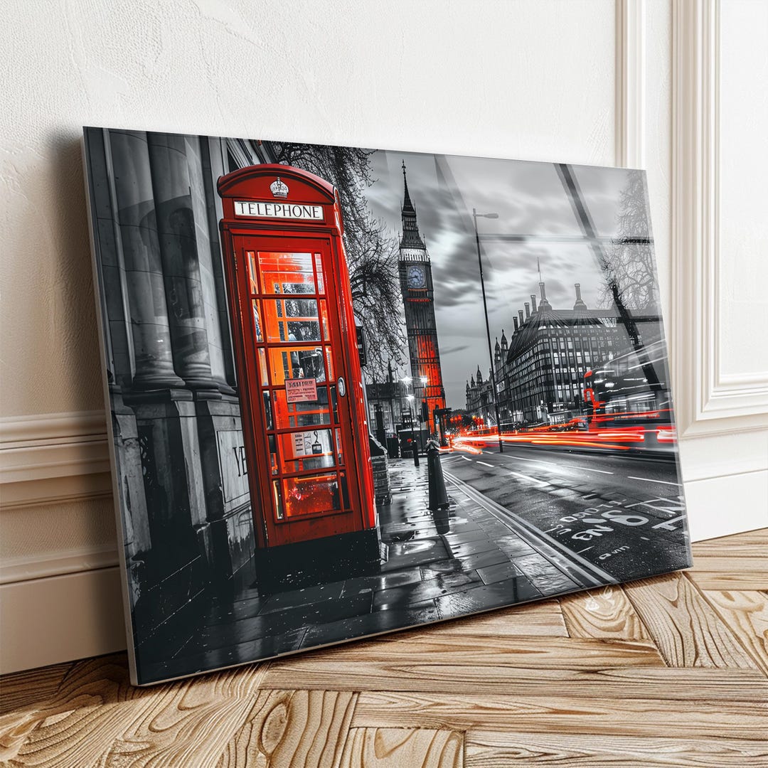 London Tempered Glass Wall Art: Red Phone Booth, Big Ben, Large Hanging ...