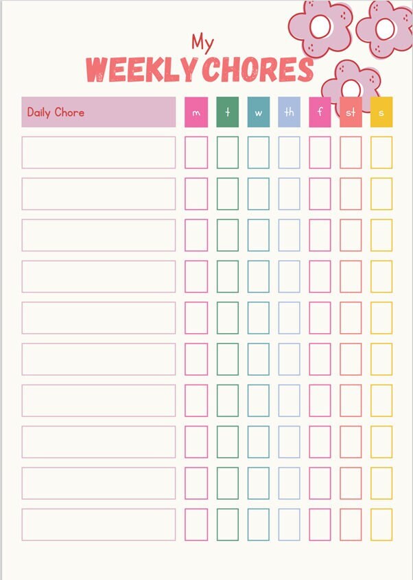 Children's Weekly Chore Chart Flower Themed Template Printable - Etsy
