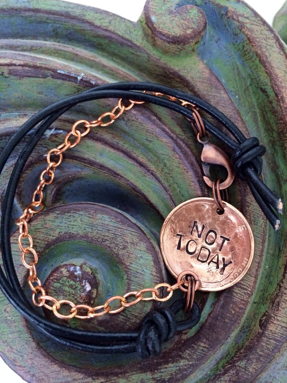 Not Today bracelet Hand Hammered copper penny leather and | Etsy