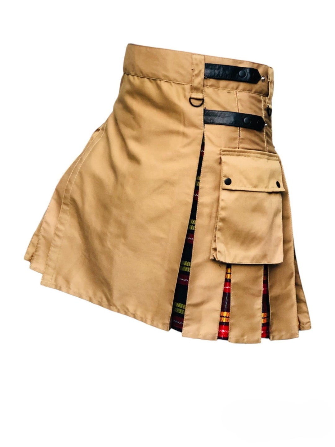 Scottish Hybrid Utility Kilt for Men's Khaki Cotton With Tartan Plate Kilt Leather Straps ...