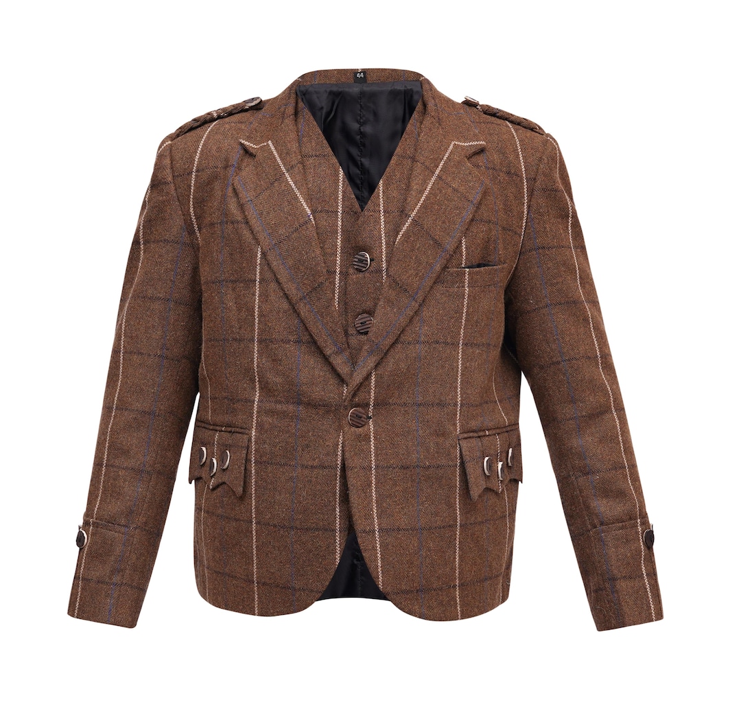 Scottish Men's Brown Tweed Argyle Kilt Jacket With 5 Button Vest ...