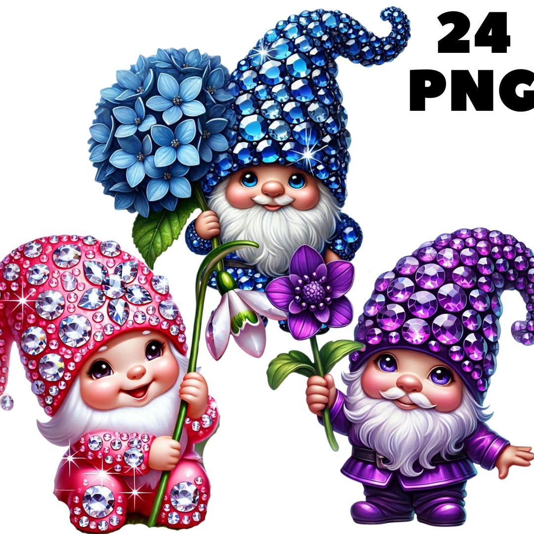 Diamond Floral Gnome Clipart – 24 Cute Gnomes With Flowers, Crystals ...