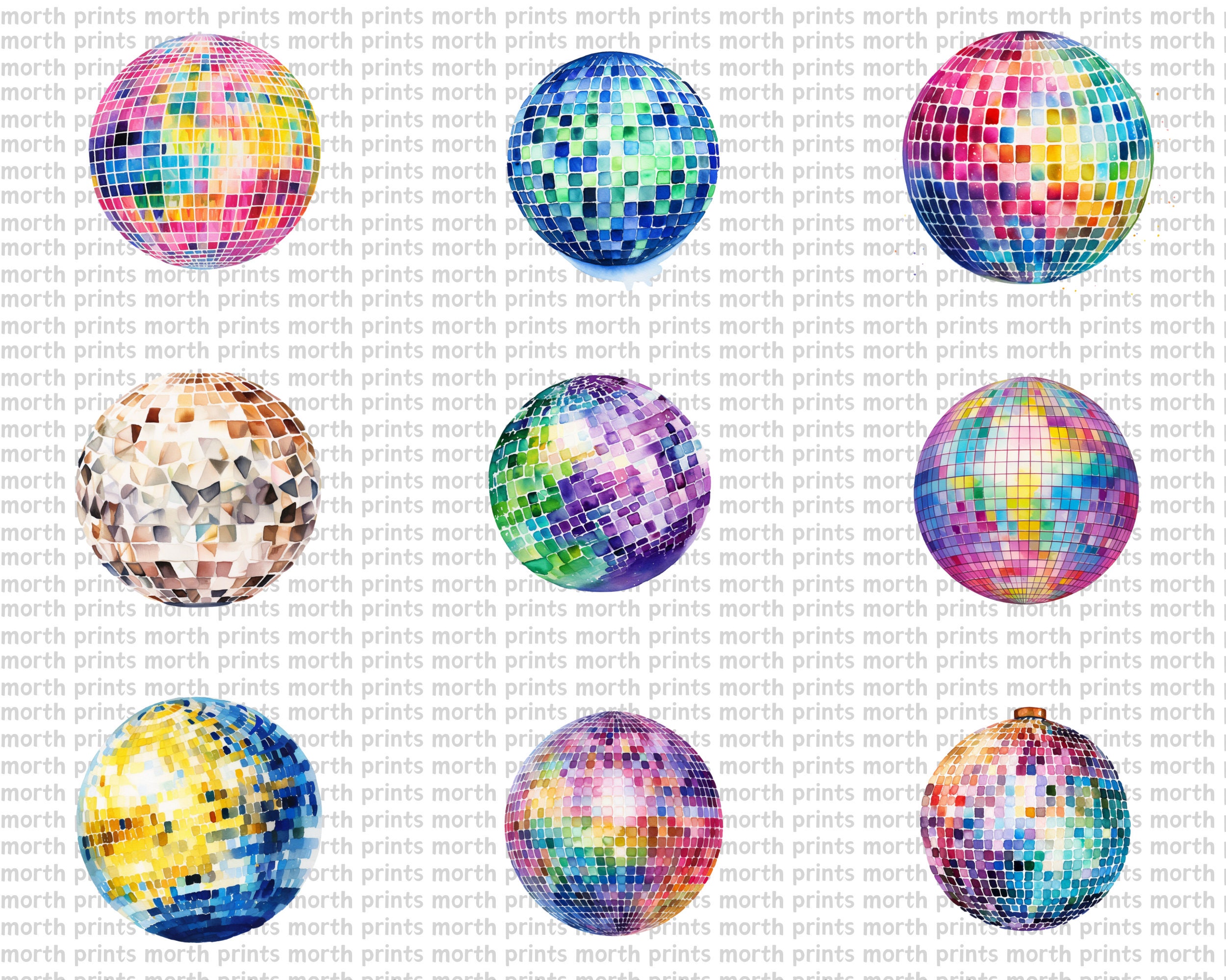 90 Watercolor Disco Balls Clipart Retro, Red, Blue, Gold, Silver ...