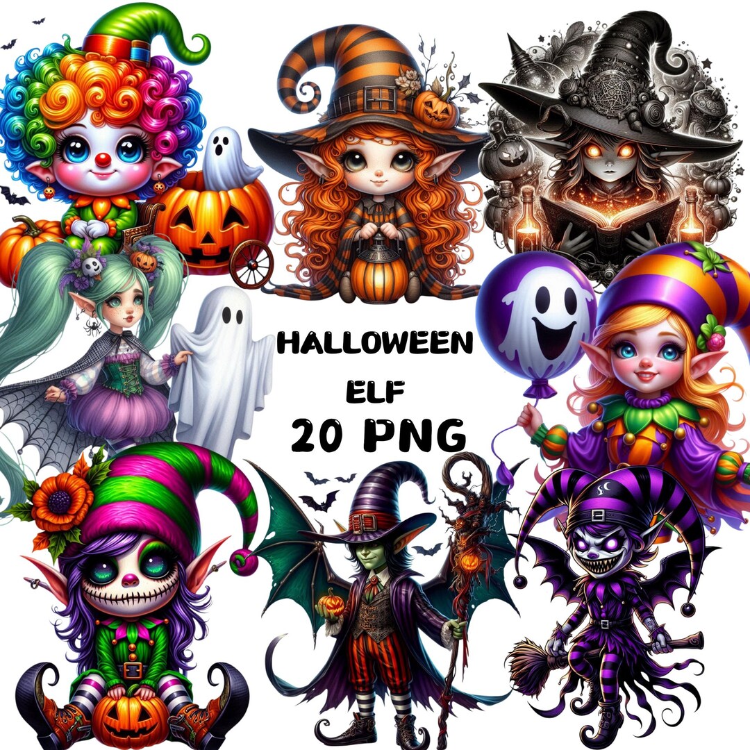 Halloween Elf Clipart, Watercolor Costume With Pumpkins and Bats, Kids ...