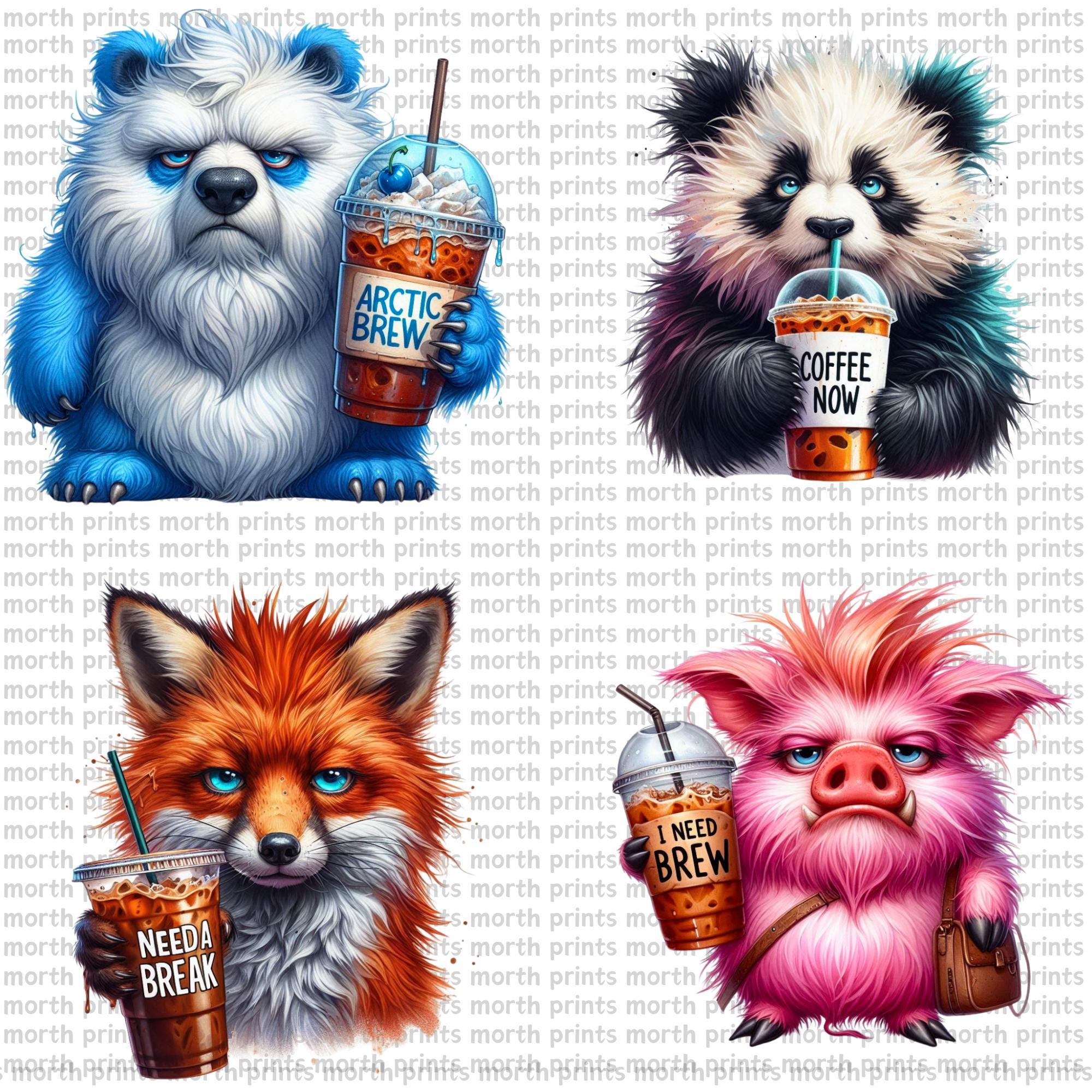 Grumpy Coffee Animals Clipart PNG, Funny Cats & Dogs With Mugs, 31 PNG ...