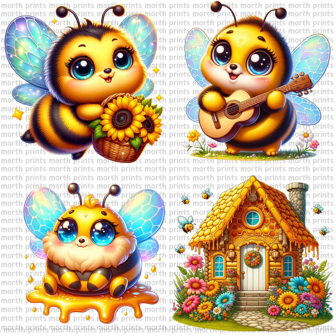 Watercolor Cute Bees Clipart PNG, Honey Bee Bundle, 25 PNG, 300 DPI ...