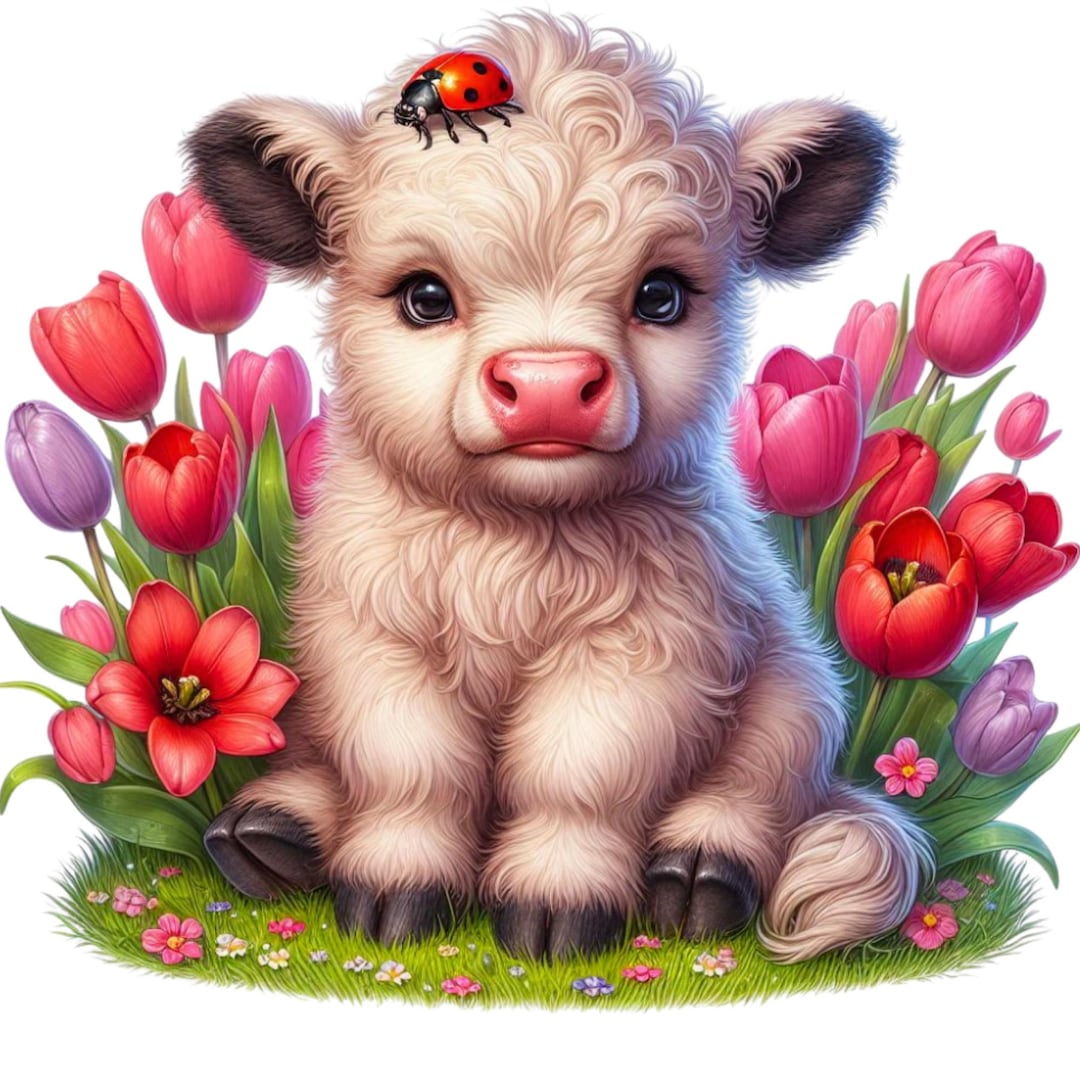 Spring Highland Cow Clipart PNG, Baby Cows With Flowers, Farm Nursery ...