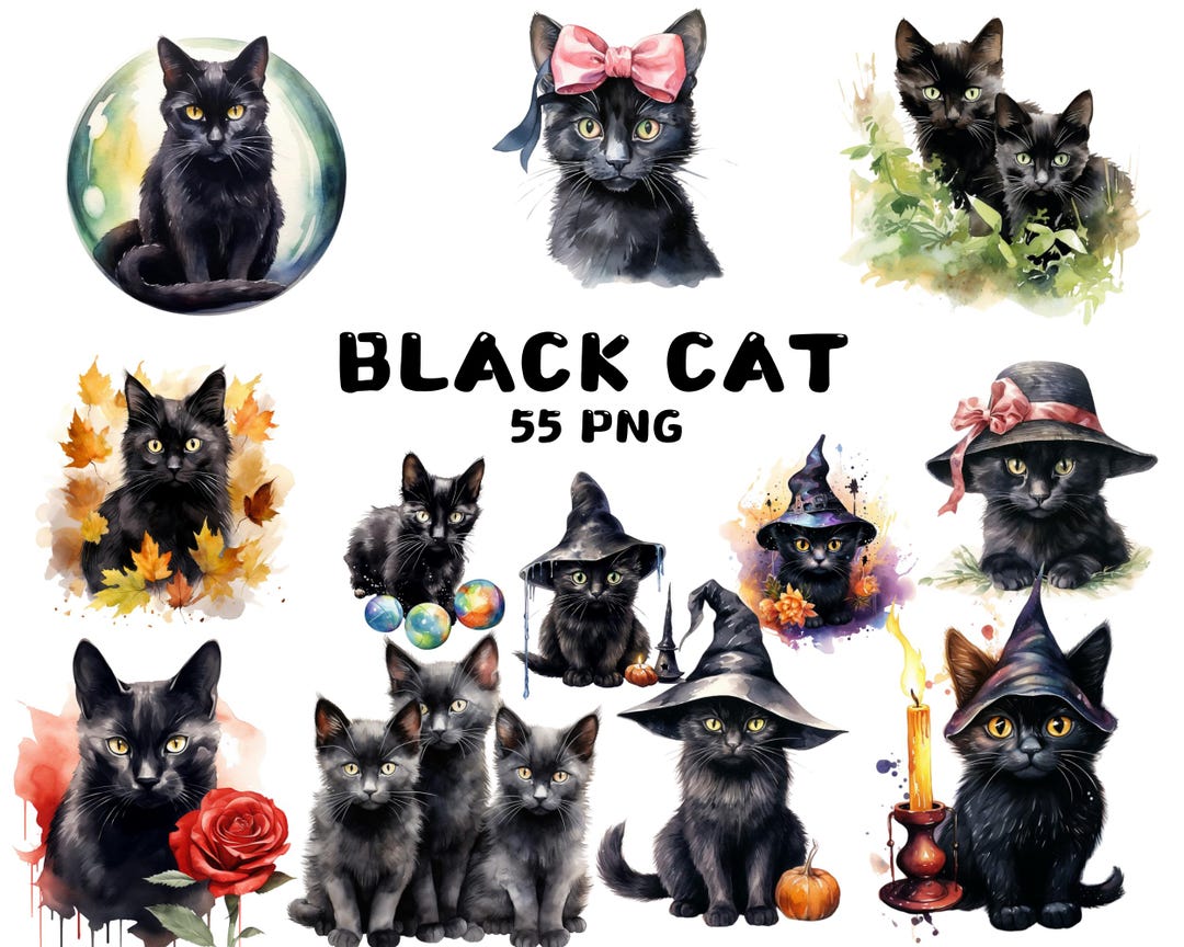 Watercolor Black Cat Clipart, Halloween PNG Images of Cute Witchy Cats ...