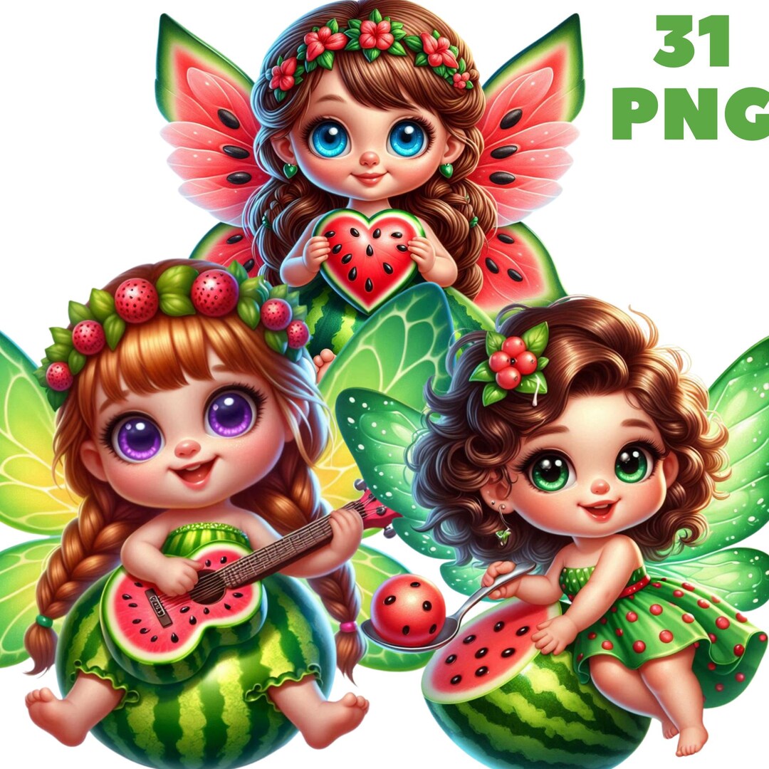 Watermelon Fairy Clipart PNG, Summer Fruit Fairies With Wings & Seed ...