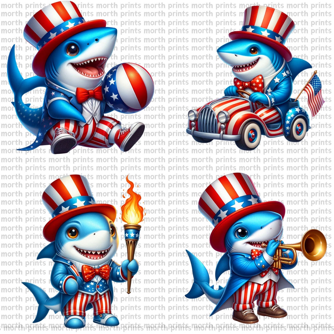 26 PNG Patriotic Shark Clipart USA Clipart Bundle, 4th of July, Cute ...